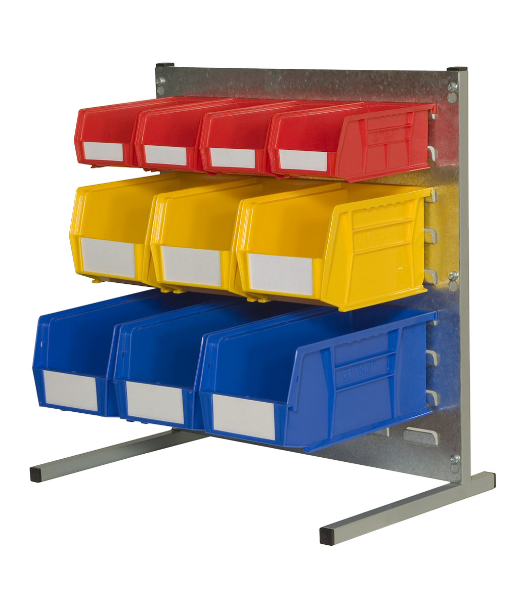 Plastic Bins on Portrait Louvre Panel Bench Stand Kit P - c/w 10 Bins