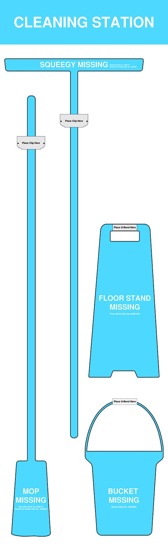 Blue Shadow Board Non Stocked Mop, bucket, squeegee, floor stand