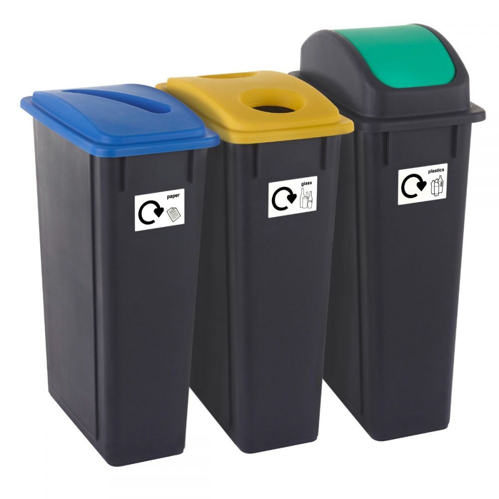 Recycling Bins set of 3 with 7 Stickers and different lids